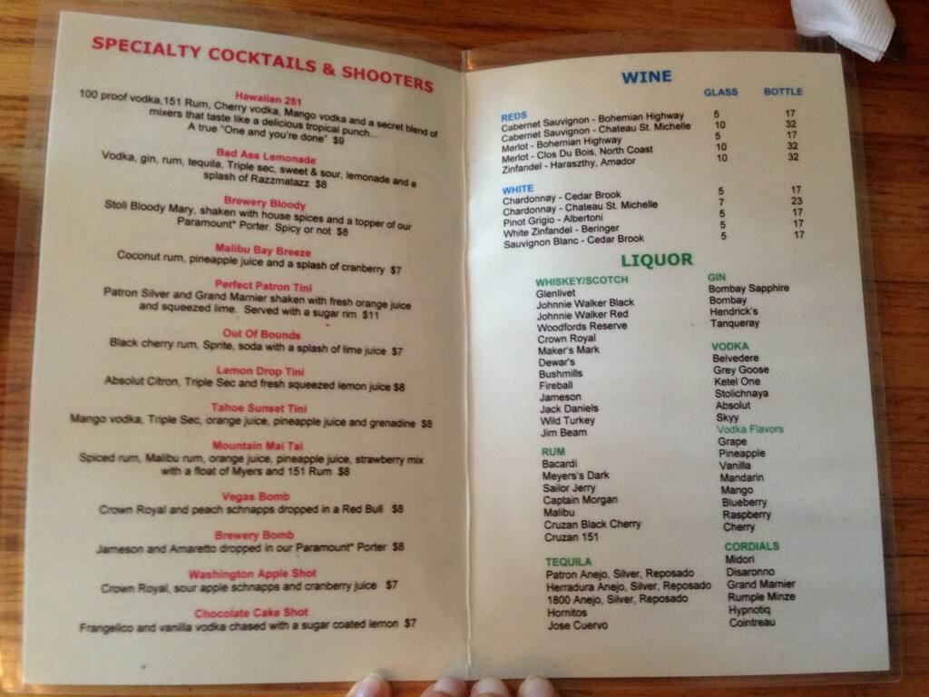 Menu at Brewery At Lake Tahoe pub & bar, South Lake Tahoe