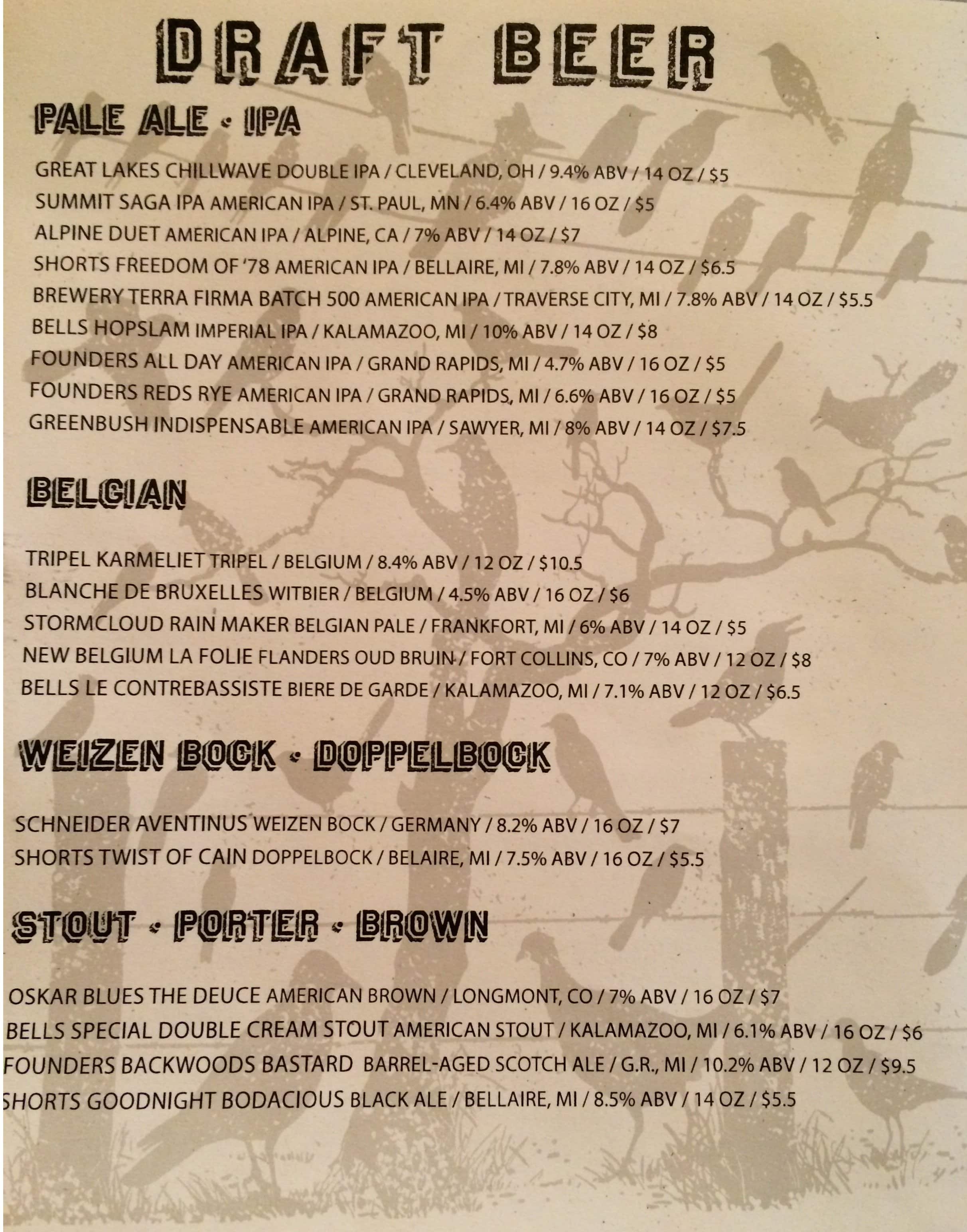 Menu at Rare Bird Brewpub, Traverse City