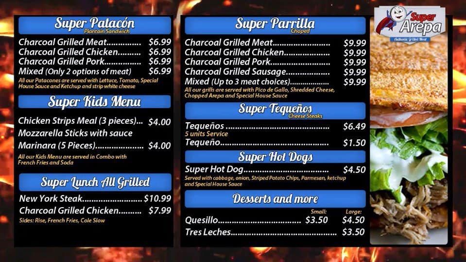 Carta de comida rápida Super Arepa, Pembroke Pines, Sheridan St