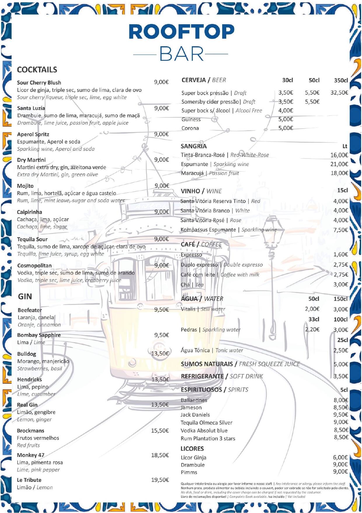 Menu at Rooftop Bar & Pool, Lisbon