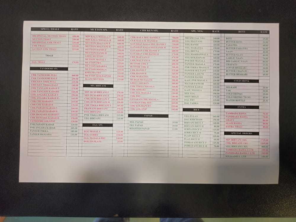 Menu of Hotel Marathi Bana, Bibvewadi, Pune