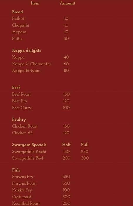 Menu of Swargam, Marad, Kochi