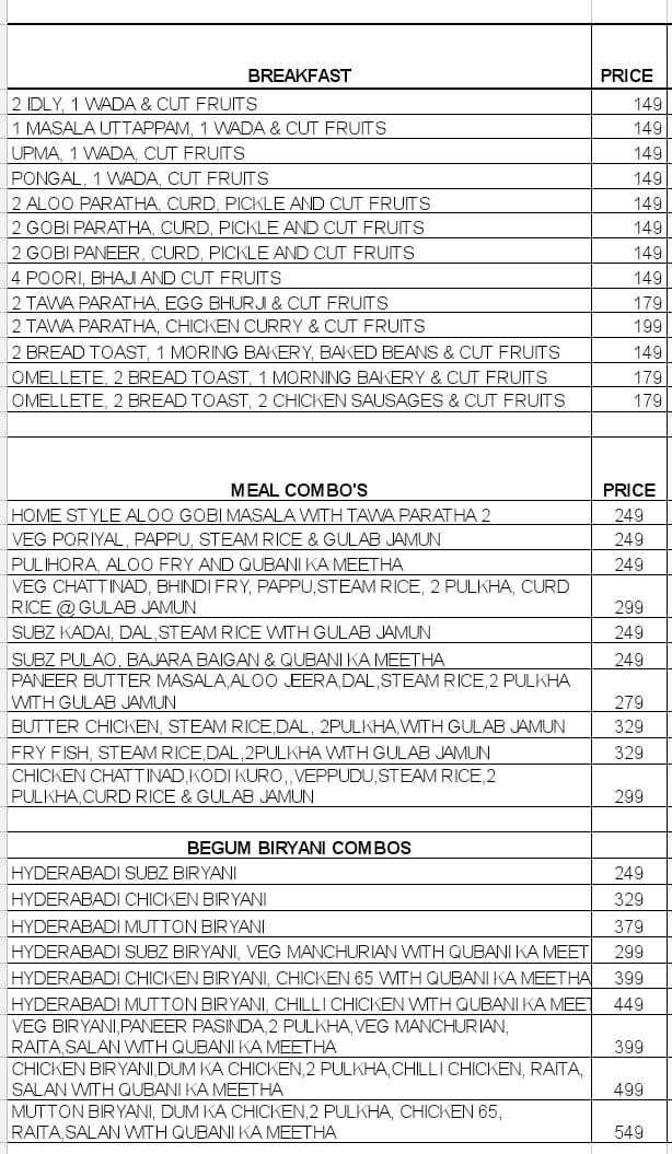 Menu of Begum Biryani, Ameerpet, Hyderabad