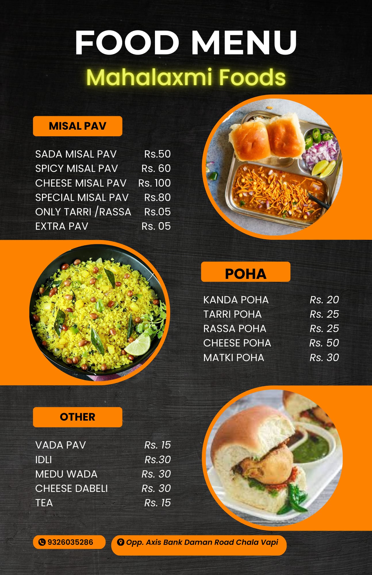 Menu of Shree Mahalaxmi Foods, Vapi Locality, Vapi