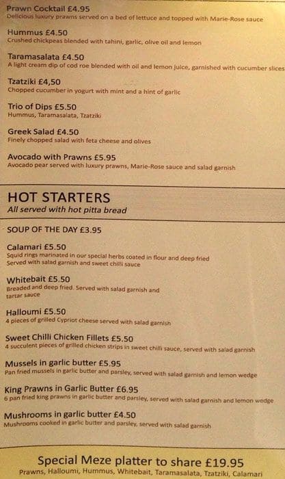 Menu at Sim's Steakhouse, London