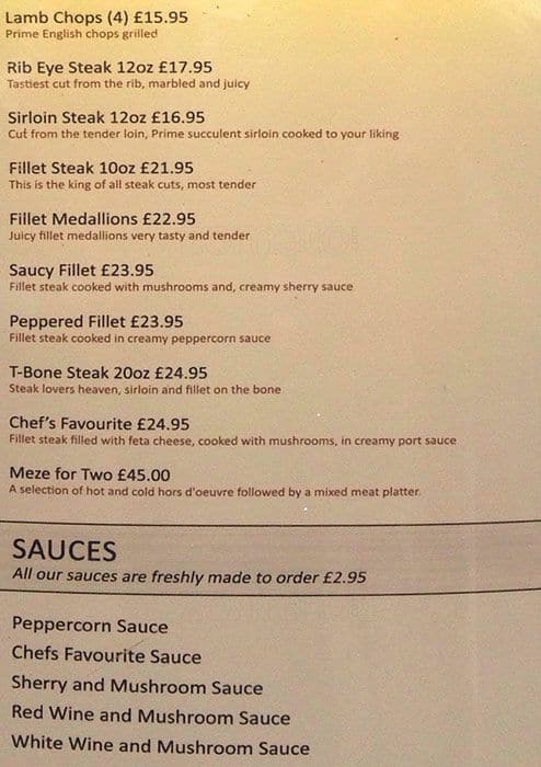 Menu at Sim's Steakhouse, London