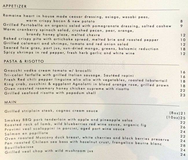 Menu at Santa Monica Trattoria restaurant, Toronto