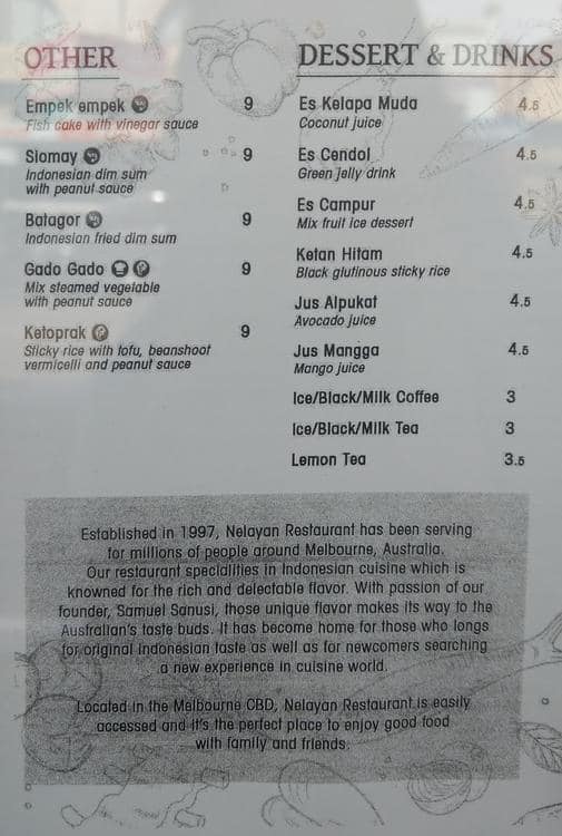 Menu at Nelayan Restaurant, Melbourne