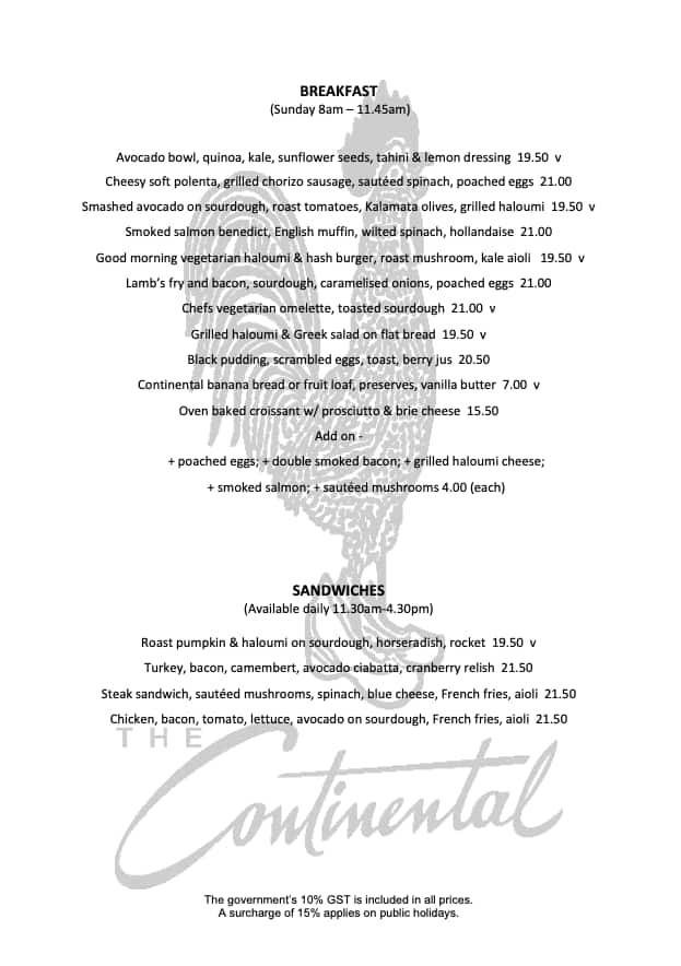 Menu at Continental Cafe, New Farm