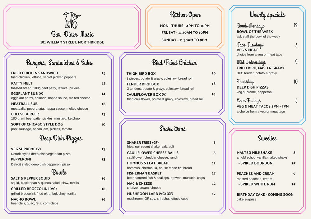 Menu at The Bird pub & bar, Northbridge