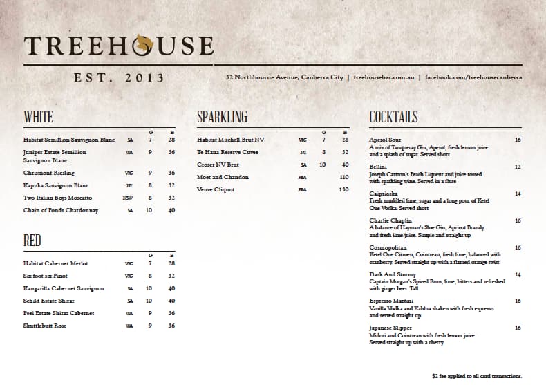 Menu at Treehouse Bar, Canberra