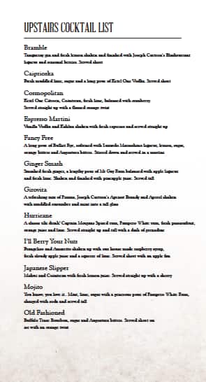 Menu at Treehouse Bar, Canberra