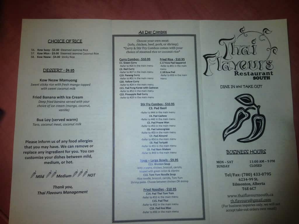 Menu au Bangkok Express restaurant, Edmonton