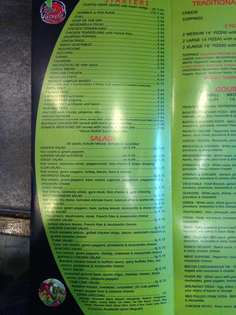 Menu at Pizza Pronto Pizza and Gyro House pizzeria, Avalon