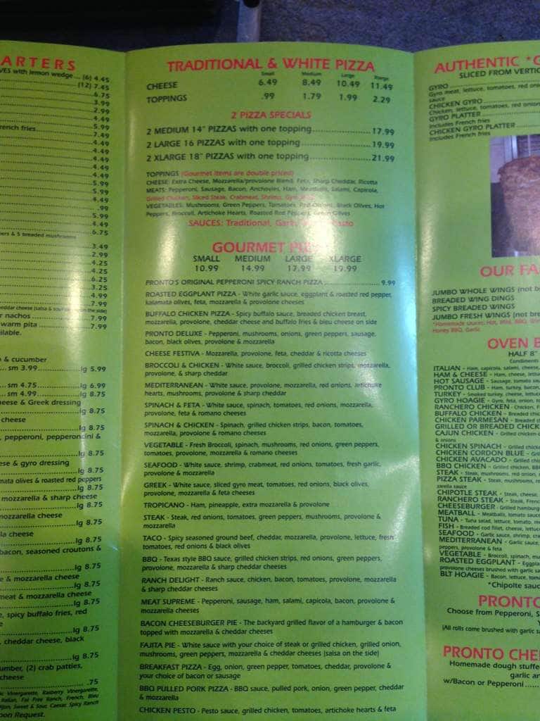 Menu at Pizza Pronto Pizza and Gyro House pizzeria, Avalon