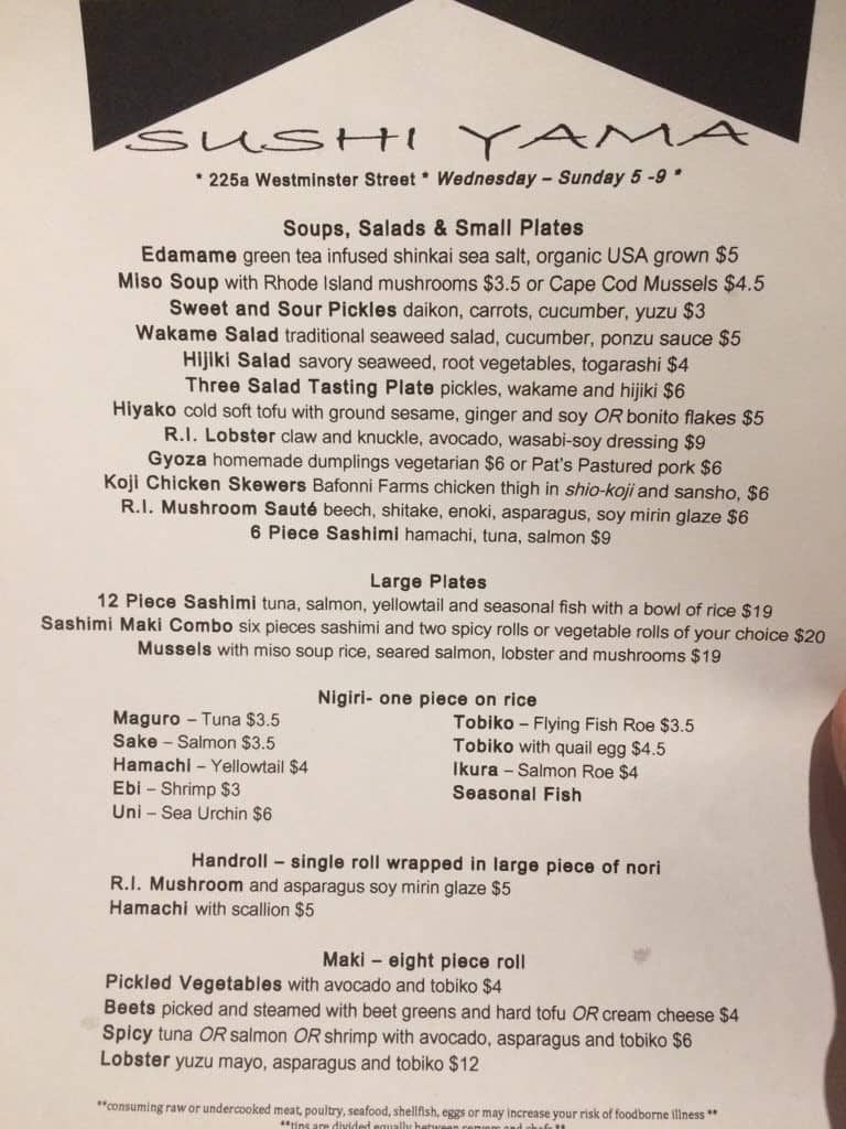 Menu at Sushi Yama restaurant, Providence