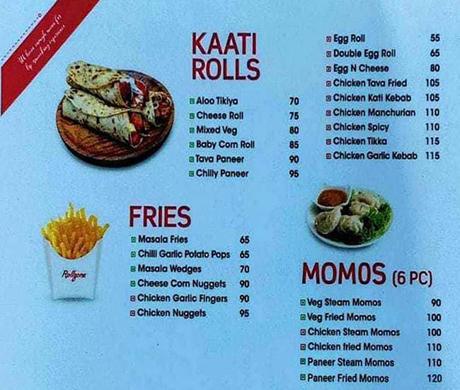 Menu of Roll Zone, Nizampet, Hyderabad