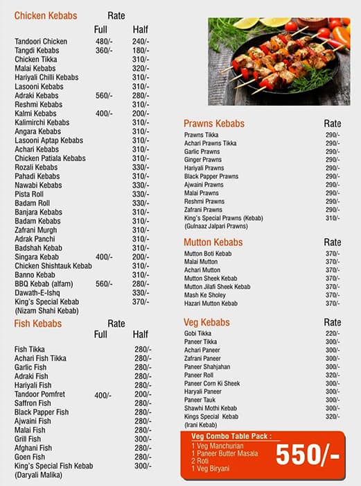Menu of Kings Family Dhaba, Sangareddy, Hyderabad