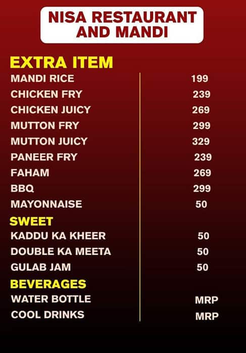 Menu of Nisa Restaurant And Mandi, Jeedimetla, Hyderabad