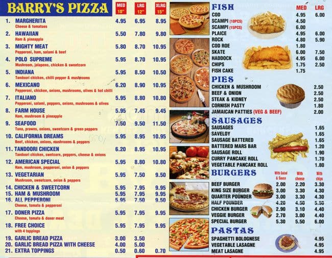 Menu at Barry's Fish Bar, London