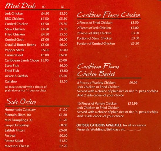 Menu at Caribbean Flavas restaurant, Salford, 187 Chapel St