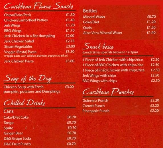 Menu at Caribbean Flavas restaurant, Salford, 187 Chapel St