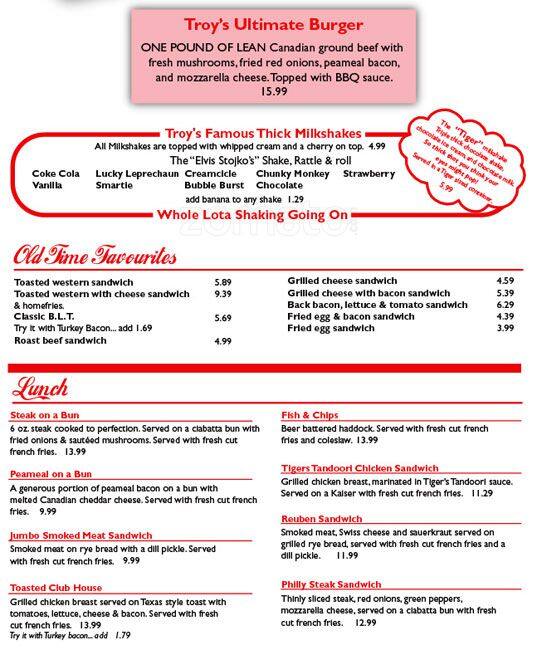 Menu at Troy's Diner Inc restaurant, Milton, 295 Main St E