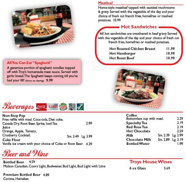Menu at Troy's Diner Inc restaurant, Milton, 295 Main St E