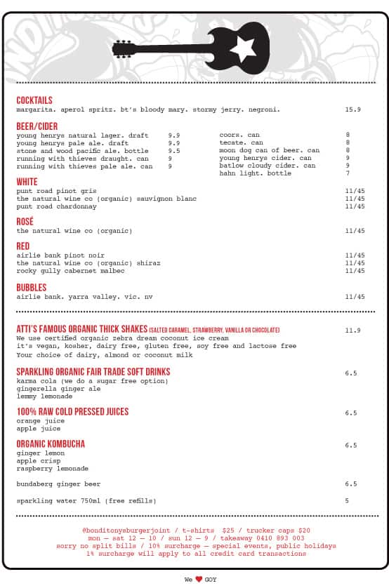 Menu at Bonditony's Burger Joint restaurant, Bondi Beach