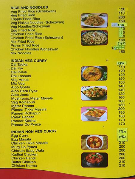 Menu at Goa Darbar, Maina