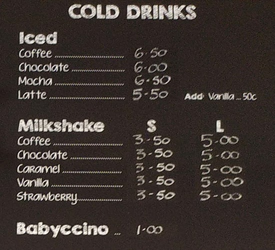 Menu at Generations Cafe, Sandgate