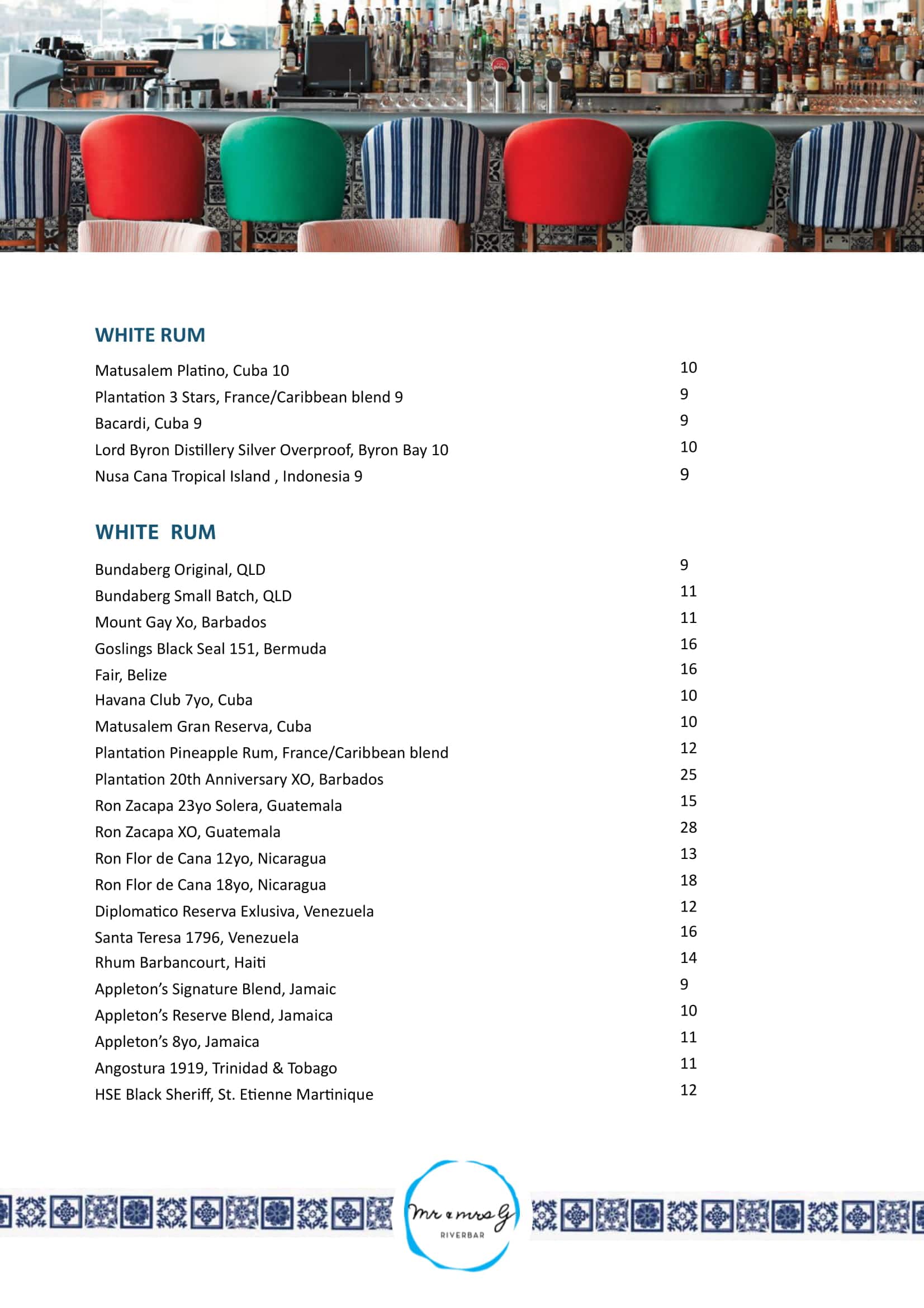 Menu at Mr & Mrs G restaurant, Brisbane City