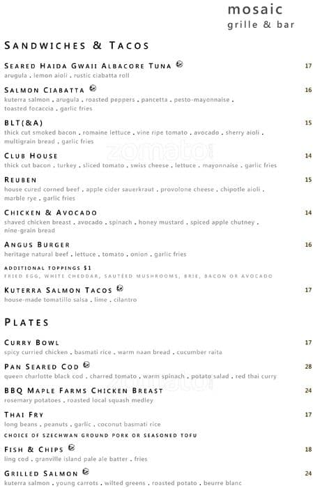 Menu at Mosaic Grille & Bar, Vancouver