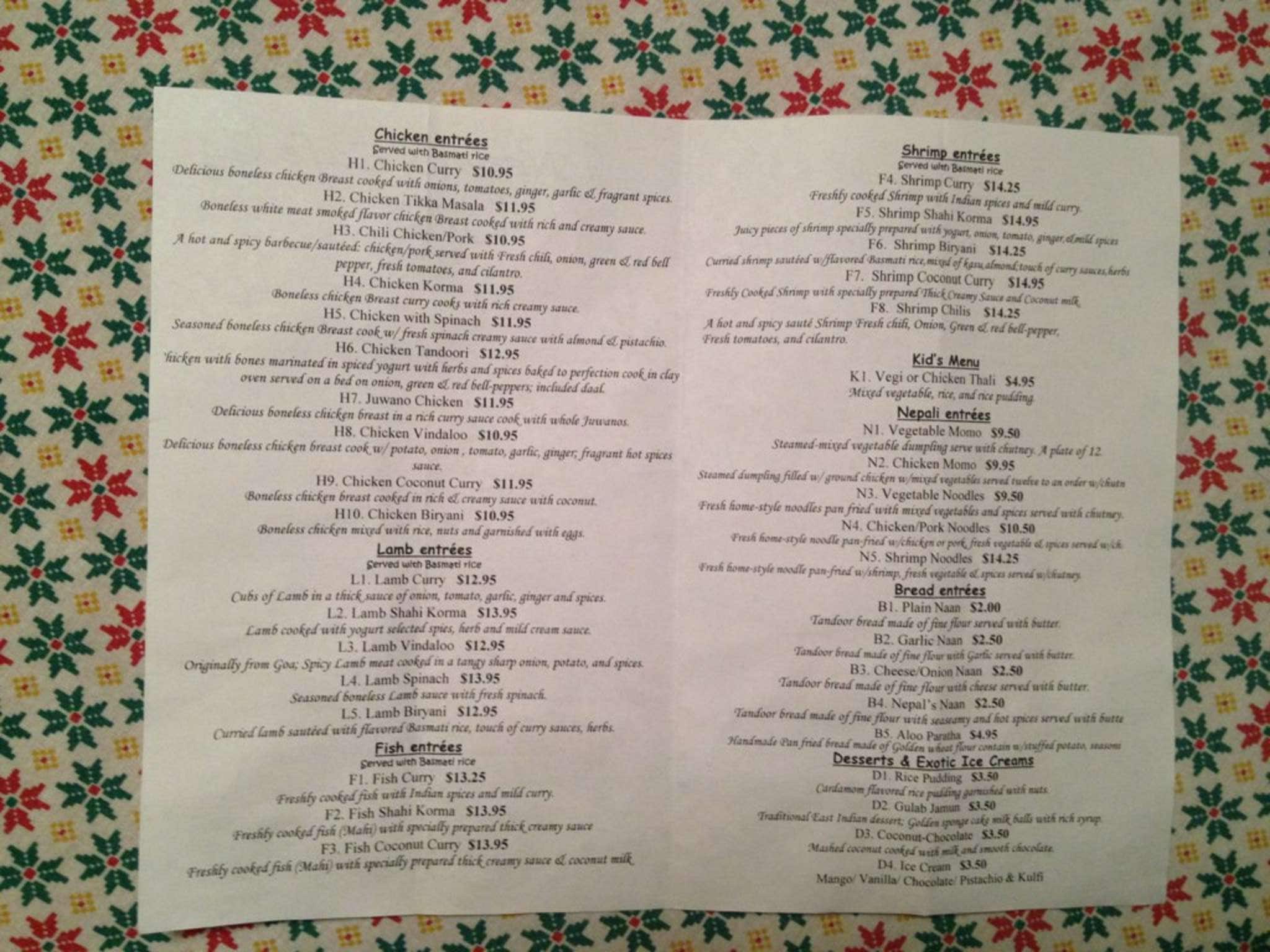 Menu at Nepal's Cafe, Estes Park