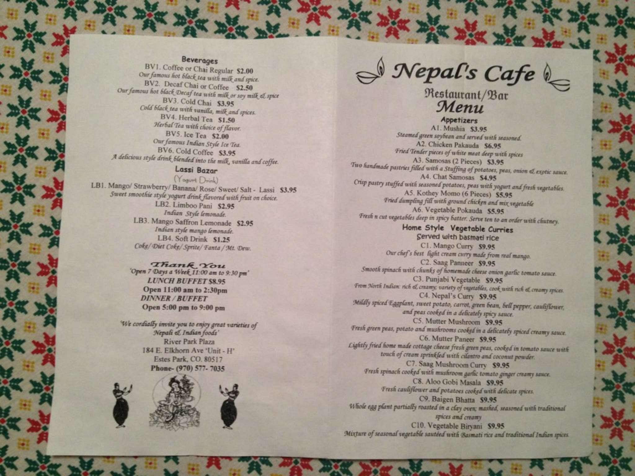 Menu at Nepal's Cafe, Estes Park