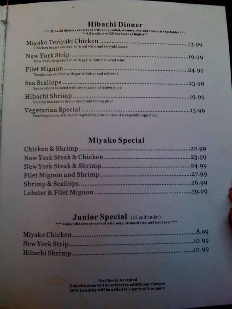 Menu at Miyako restaurant, Granbury, 715 Autumn Ridge Dr