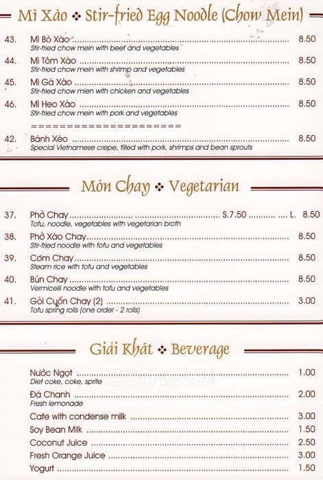 Menu at Pho Bo Restaurant, Seattle, Rainier Ave S