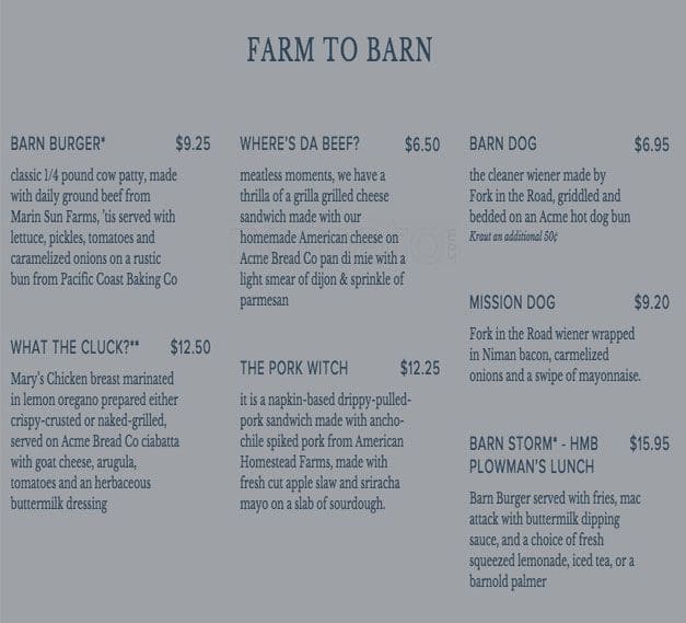 Menu at The Barn, Half Moon Bay
