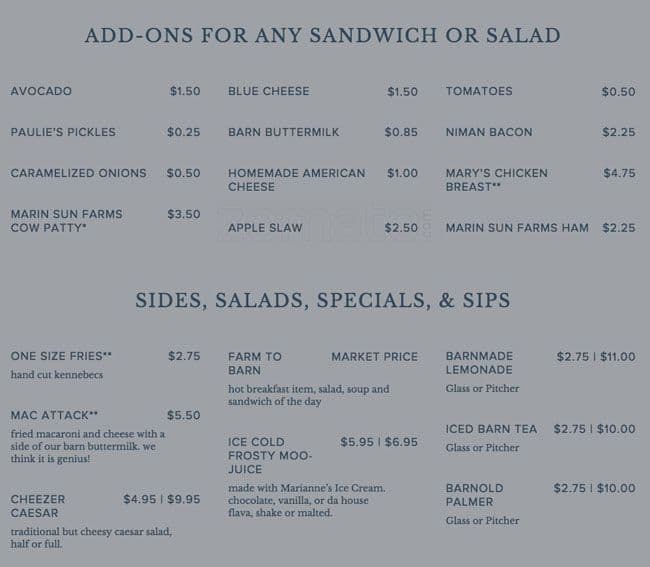 Menu at The Barn, Half Moon Bay