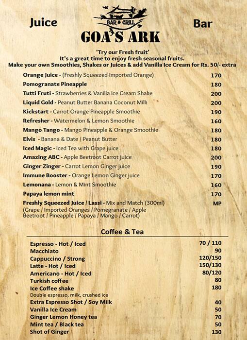 Menu of Goa's Ark, Anjuna, Goa