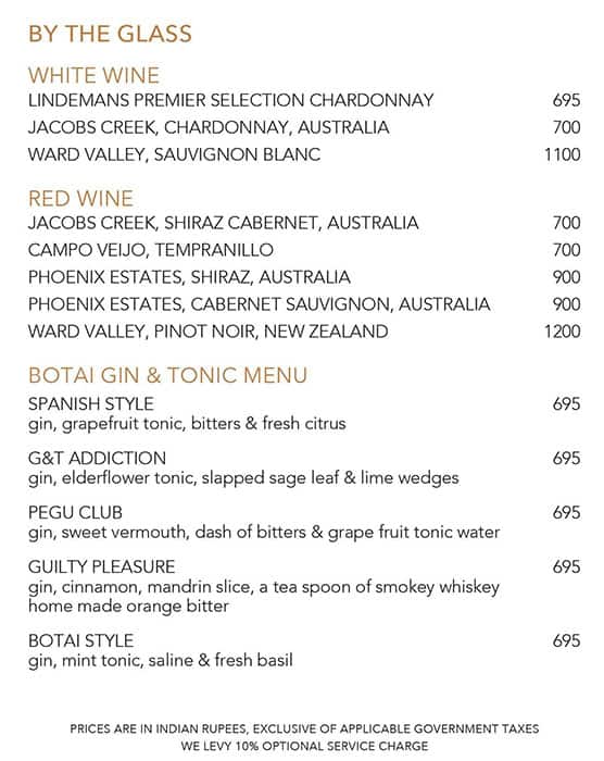 Menu at Bo tai Qutub, New Delhi