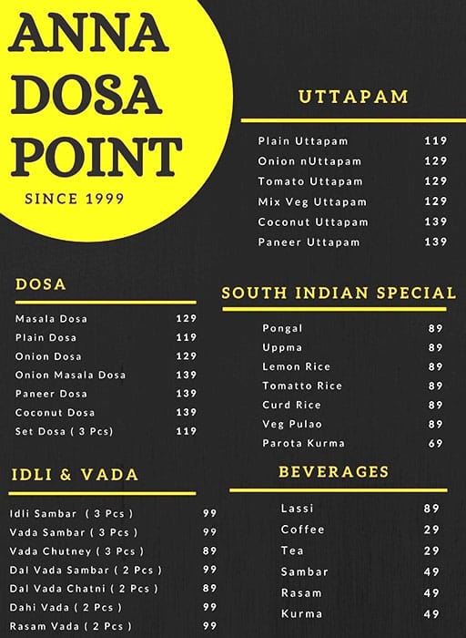 Menu of Anna Dosa Point, Malad West, Mumbai