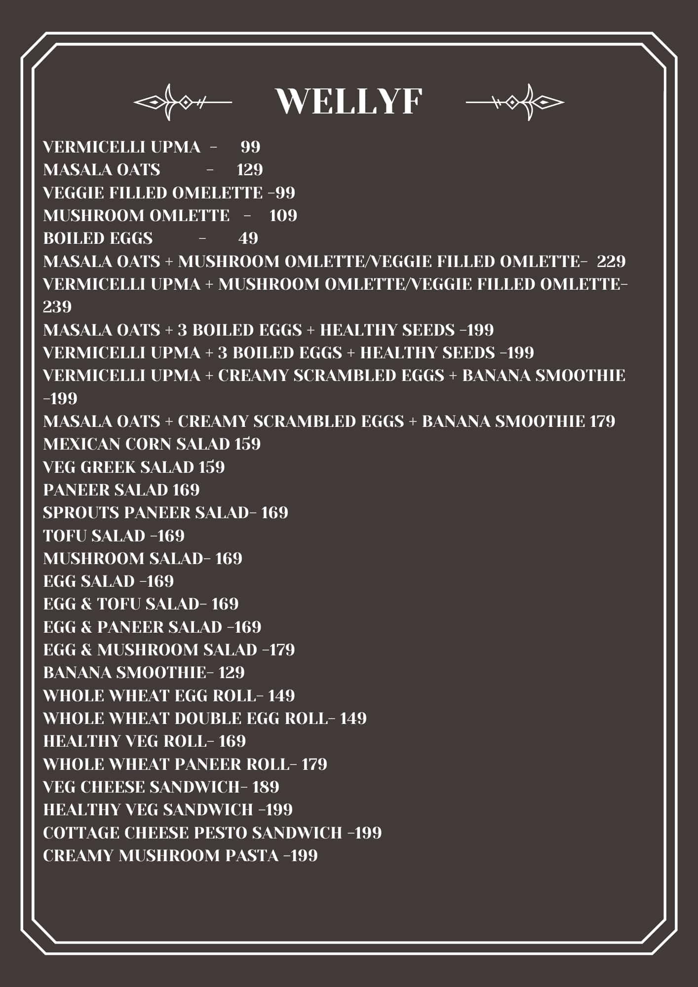 Menu of Wellyf, Hebbal, Bangalore