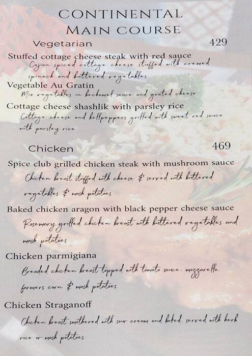 Menu at Spice club, Coimbatore