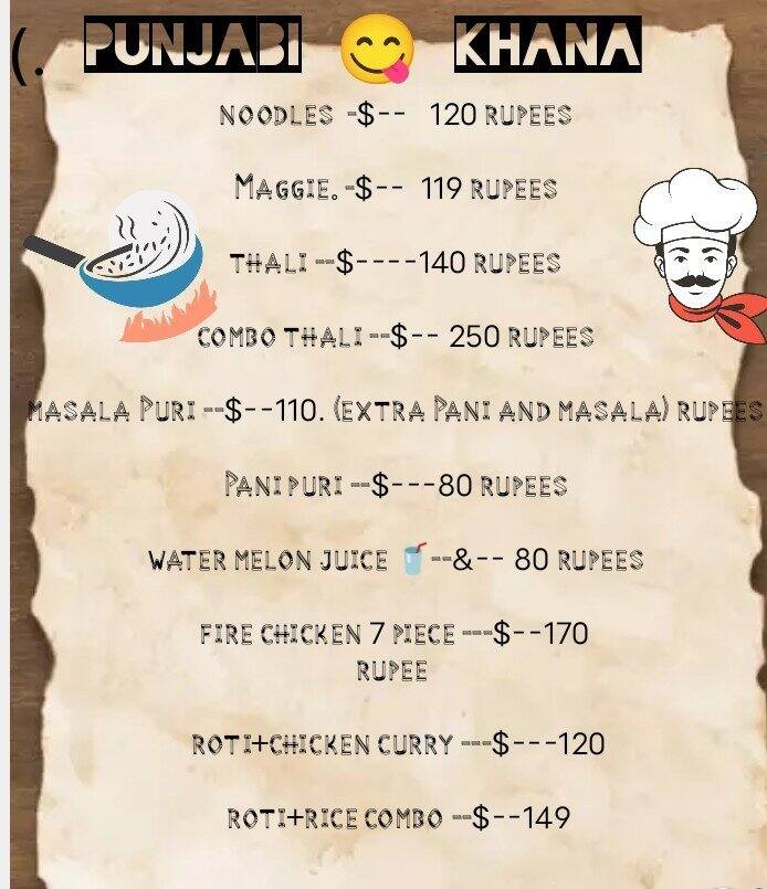 Menu of Punjabi Khana, Bommanahalli, Bangalore