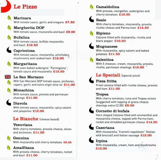 Menu at Fratelli La Bufala pizzeria, London, 12 Knightsbridge