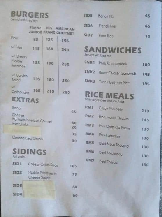 Menu at Franz Cafe, Palompon, 392J+2X8