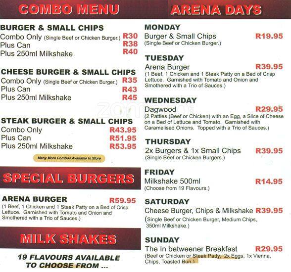 Menu at Burger Arena, Soweto