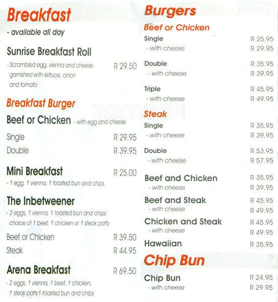 Menu at Burger Arena, Soweto