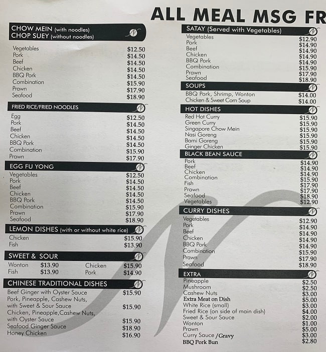 Menu at Northcross Takeaway restaurant, Auckland